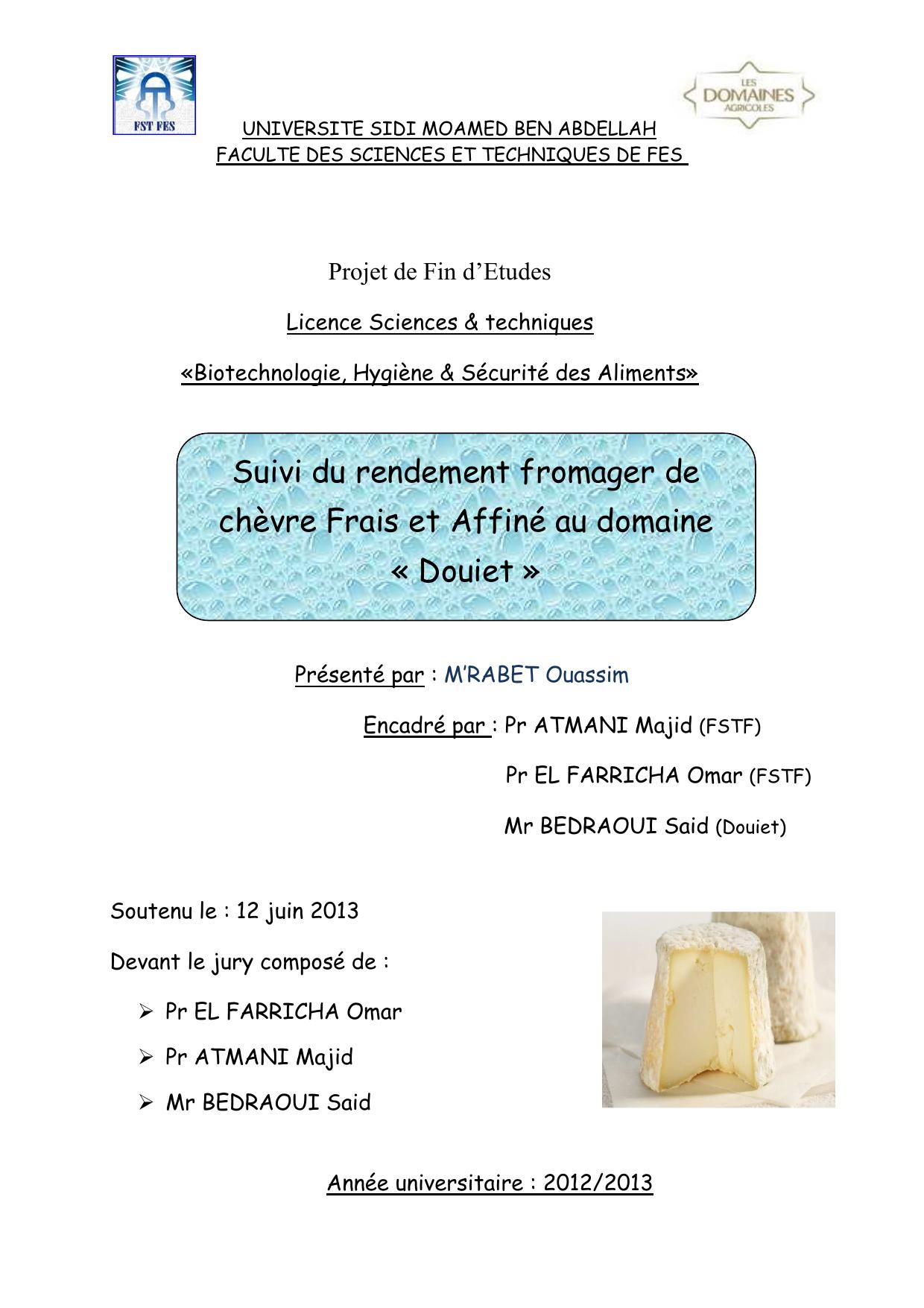 Bibliothéque FST de Fès | Suivi du rendement fromager de chèvre Frais ...