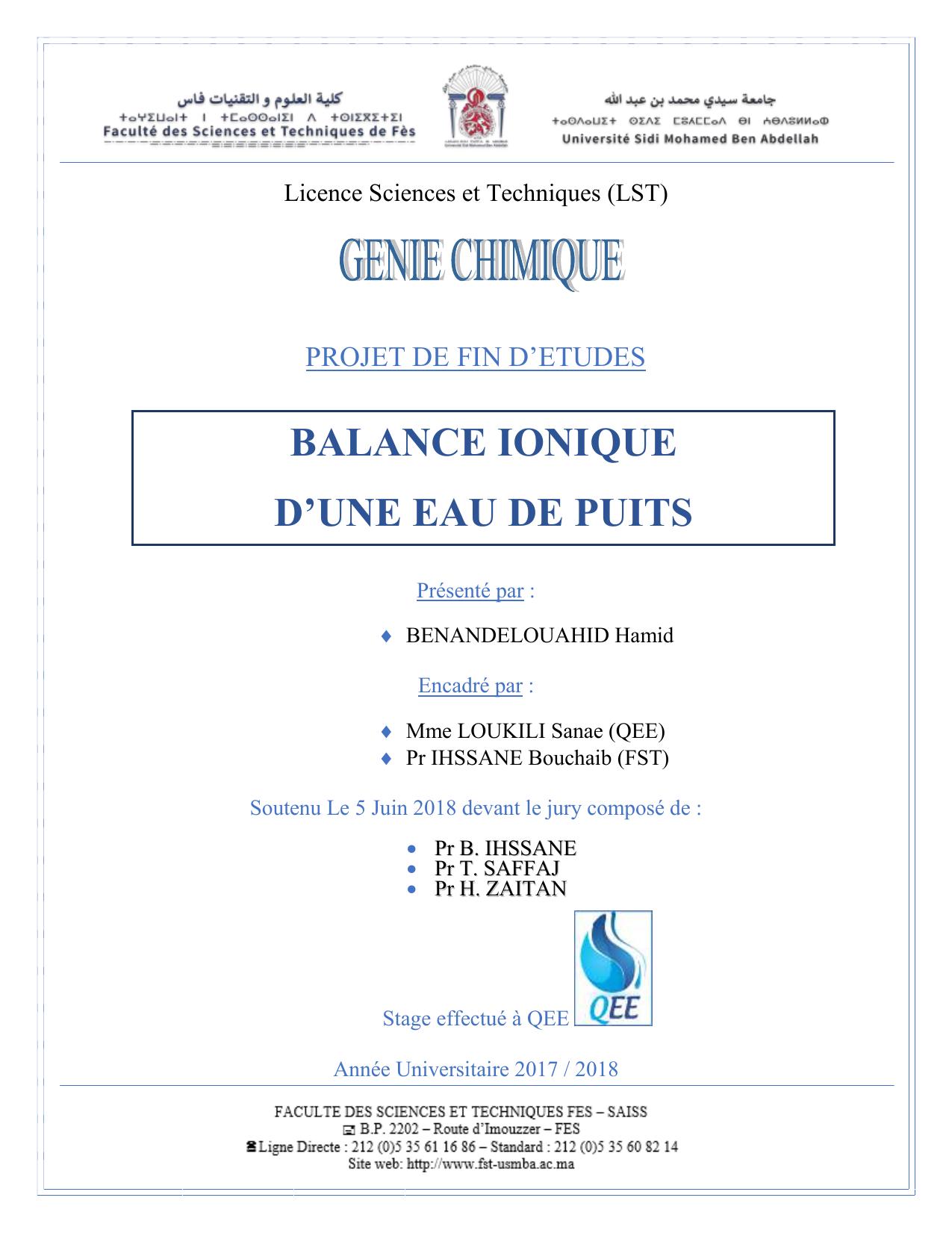 Bibliothéque FST de Fès | Balance ionique d'une de puits