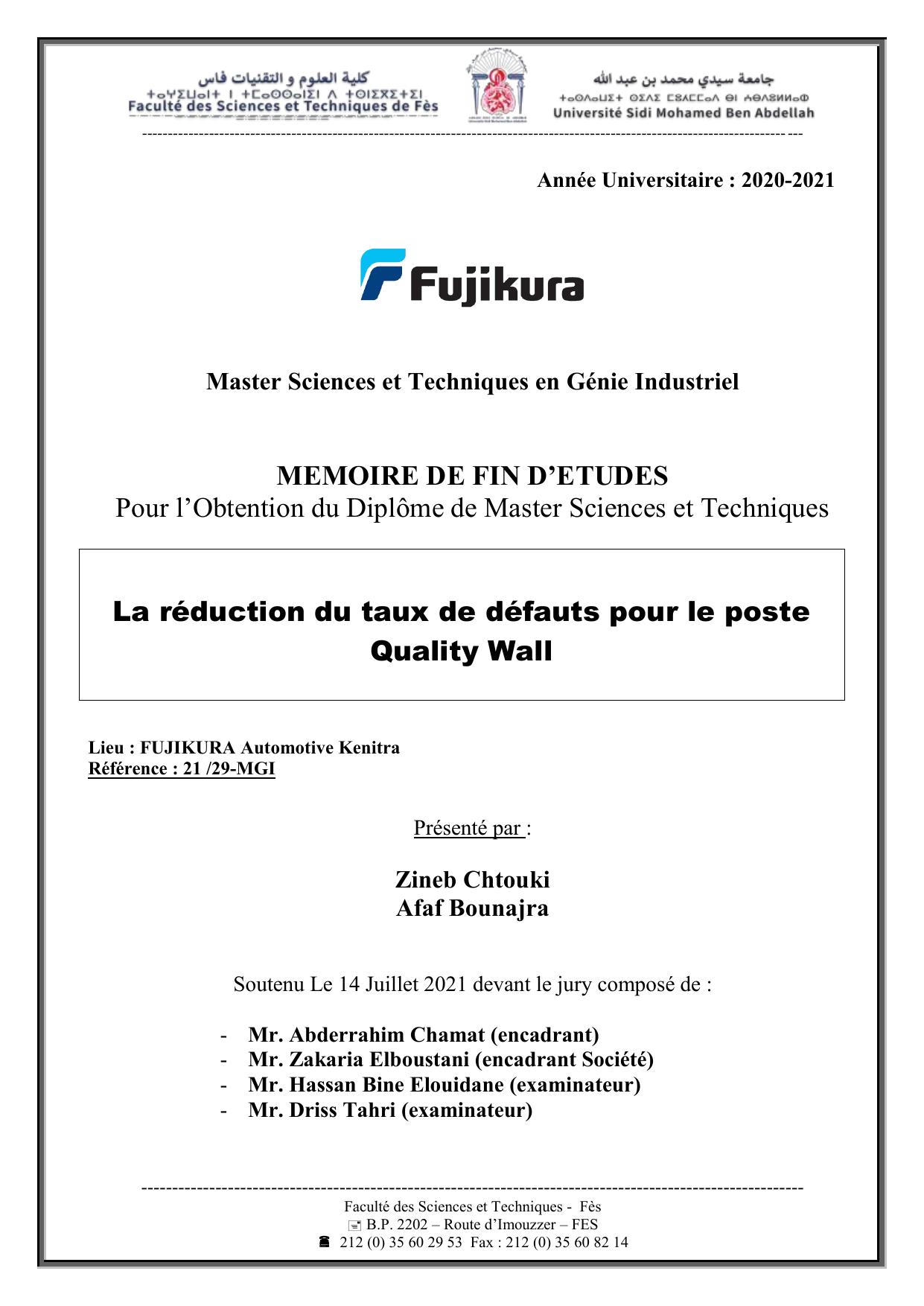 Bibliothéque FST de Fès | La réduction du taux de défauts pour le poste ...